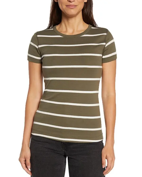 Three Dots Cotton Short Sleeve Crewneck Tee - Olive Stripe