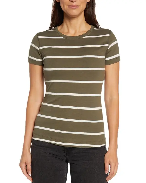 Three Dots Cotton Short Sleeve Crewneck Tee - Olive Stripe
