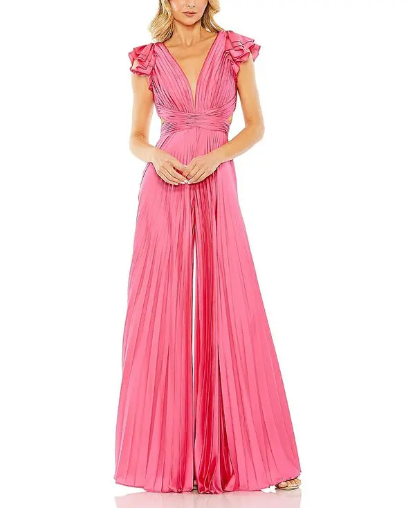 Mac Duggal Ruffle Cap-sleeve Pleated Jumpsuit - Candy Pink