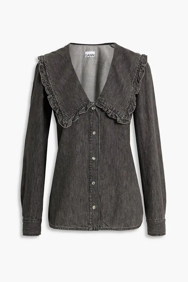 GANNI Ruffled Organic Cotton And Tencelblend Denim Top - Anthracite