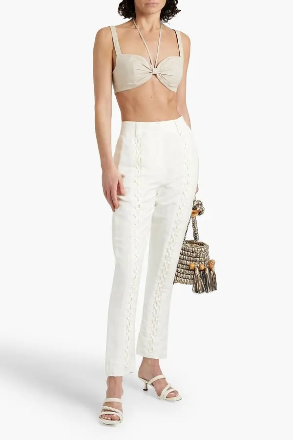 Aje Lace-up Linen-blend Slim-leg Pants - Ivory