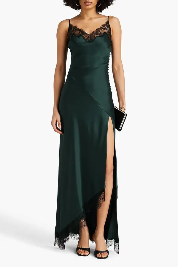 Nicholas Sage Lacetrimmed Satin Maxi Slip Dress In Forest Green - 50% Off |  Editorialist