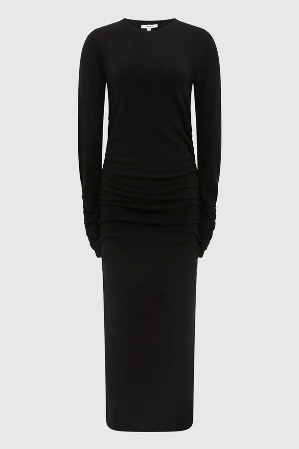 reiss charley ruched midi dress REISS Charley Ruched Cashmere Blend Knitted Jumper Midi Dress in Oatmeal