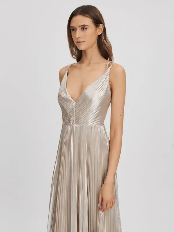 Halston Metallic Pleated Maxi Dress - Nude