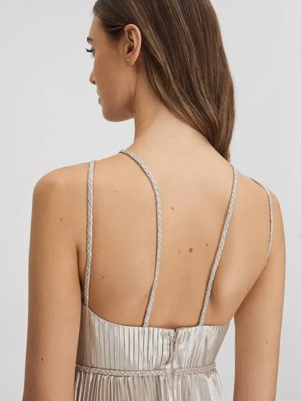 Halston Metallic Pleated Maxi Dress - Nude