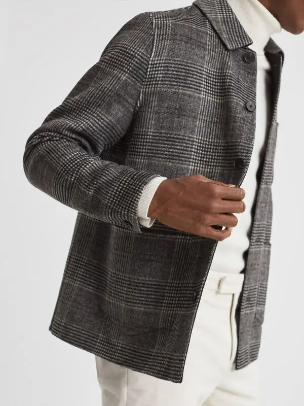 REISS Covert Wool Blend Check Overshirt - Charcoal