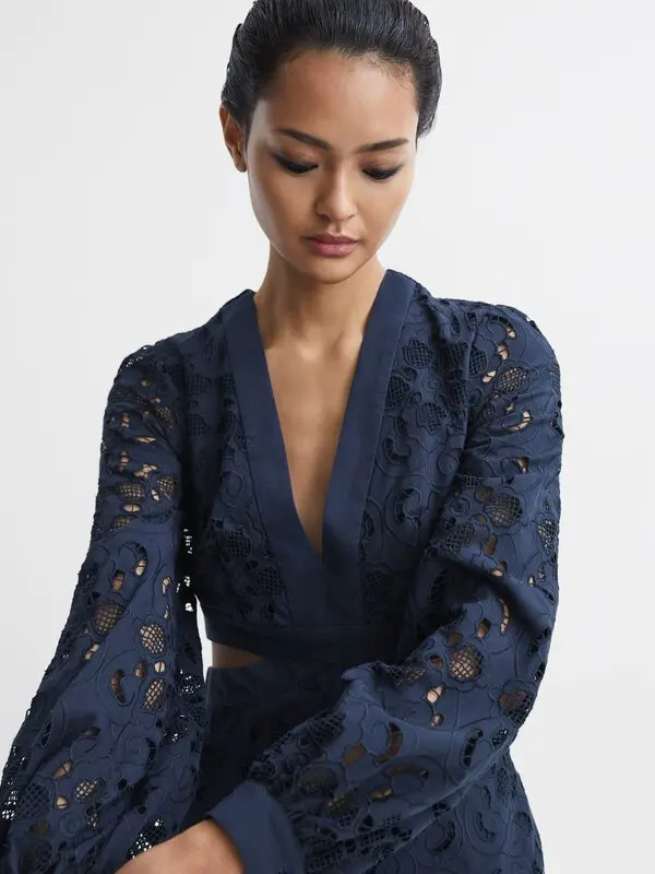 knee length dresses for ladies SANDRO Size 2 Navy Blue Polyester Lace Short Sleeve Boxy Dress Top – Sui  Generis Designer Consignment main image 1