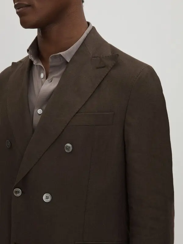 OSCAR JACOBSON Linen Double Breasted Blazer - Brown