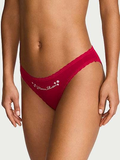 Victoria's Secret Lace Trim Cotton Lace-waist Bikini Panty - Red