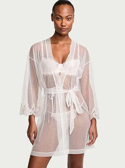 Victoria's Secret Sheer Boho Floral Embroidery Short Robe - White,ivory