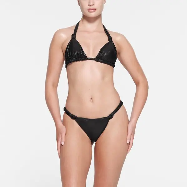 Skims Liquid Shine Swim Knotted Cheeky Tanga Bottom - Onyx