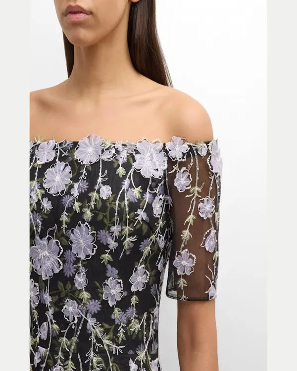 green emerald velvet dress Off the Shoulder Organza Floral Gown – Terijon.com main image 1