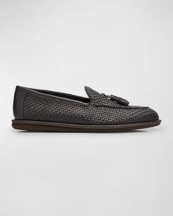 Giorgio Armani Woven Leather Tassel Loafers - Brown  display picture 2