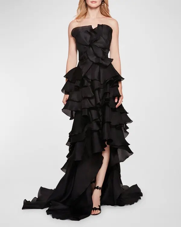 Dessy Bridesmaid Dessy Collection Dresses Marchesa Strapless Tiered Ruffle  Petal Gown Black Editorialist
