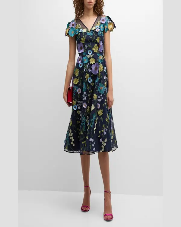 Rickie Freeman For Teri Jon Floral-Embroidered Tulle Midi Dress In Multi  Col - 40% Off | Editorialist