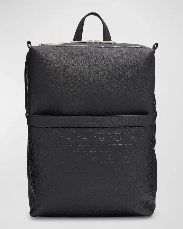 FERRAGAMO Embossed Gancini Leather Backpack - Nero