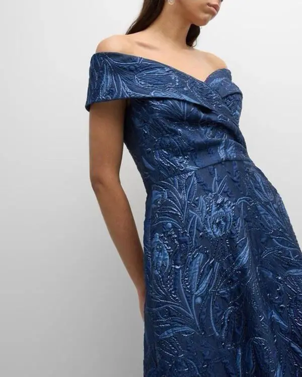 Rickie Freeman For Teri Jon Off-shoulder Metallic Jacquard Gown - Navy