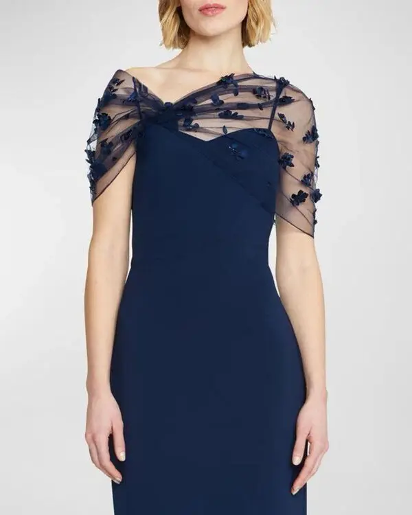 Theia Floral Applique Tulle & Crepe Gown