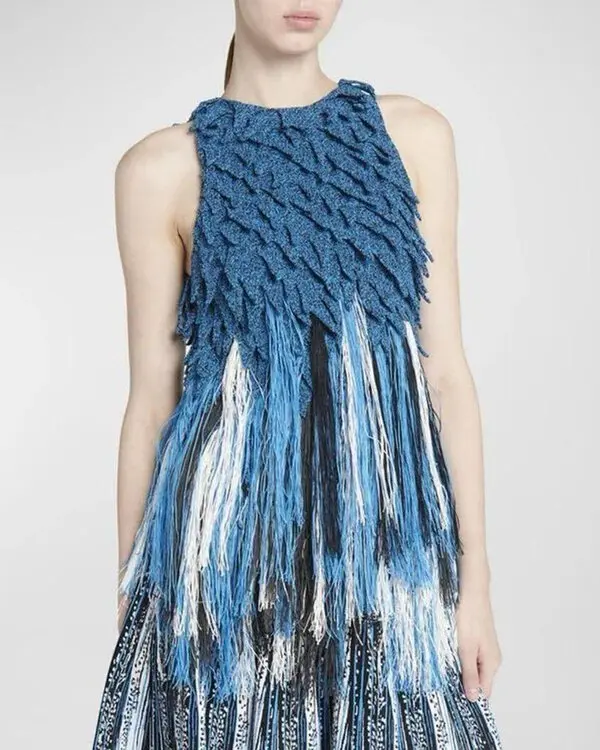 Bottega Veneta Sleeveless Fringe Knit Top - Blue/black