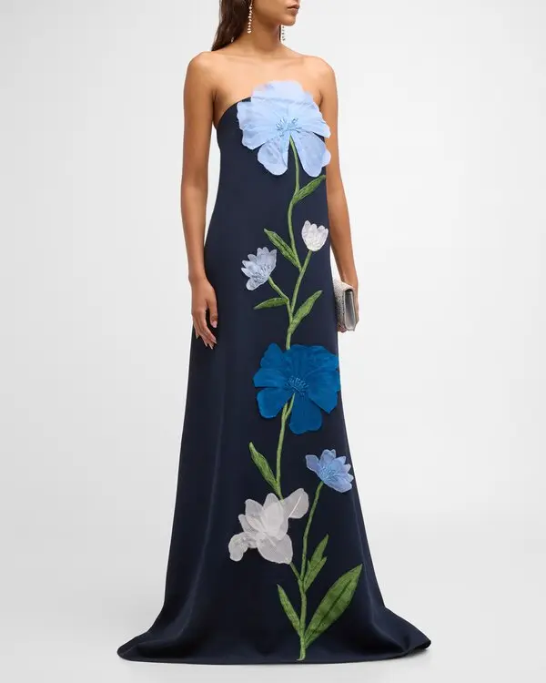 Lela Rose Floral Embroidered Gown Navy Editorialist - Main Image