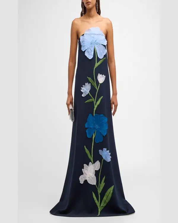 Lela Rose Floral Embroidered Gown - Navy | Editorialist