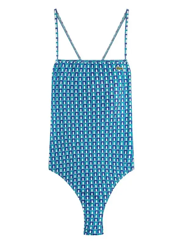 Lacoste Geometric-print Criss-cross One-piece Swimsuit - Blue