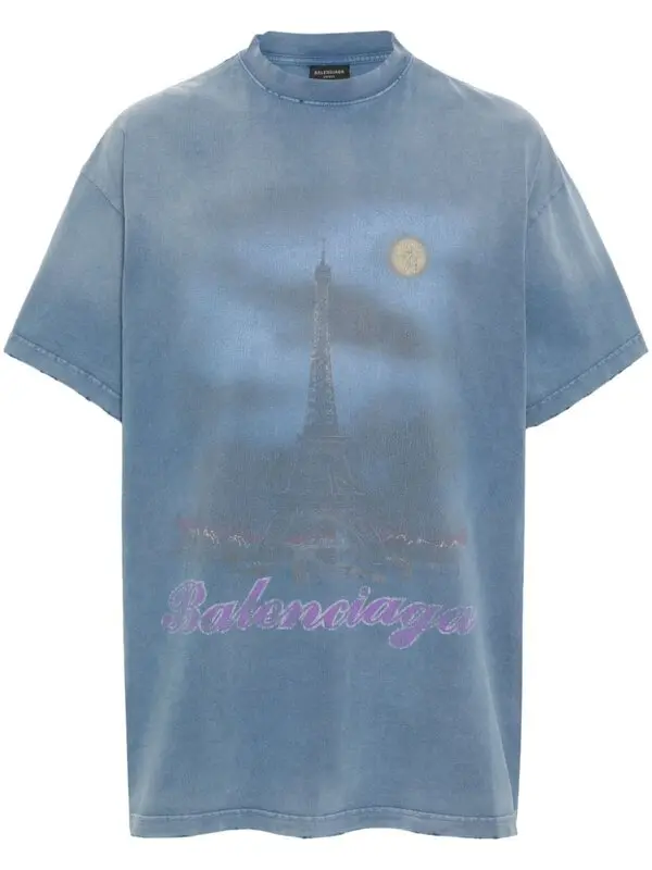 Balenciaga Paris Moon Cotton T-Shirt - Blue | Editorialist