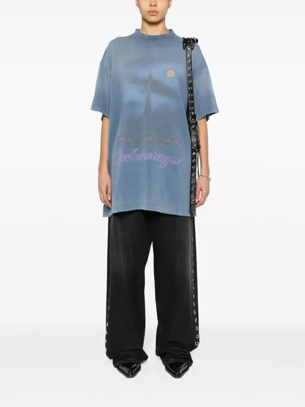 Balenciaga Paris Moon Cotton T-Shirt - Blue | Editorialist