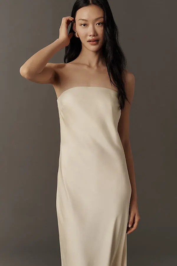 Anthropologie Fleur Strapless Satin Maxi Slip Dress - Panna
