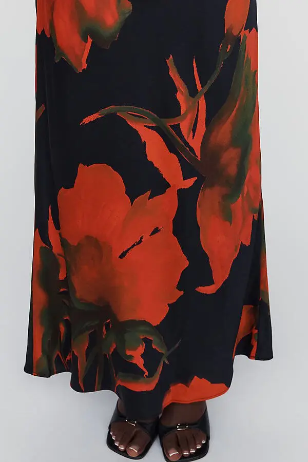 Anthropologie Strapless Satin Maxi Slip Dress - Red Pattern