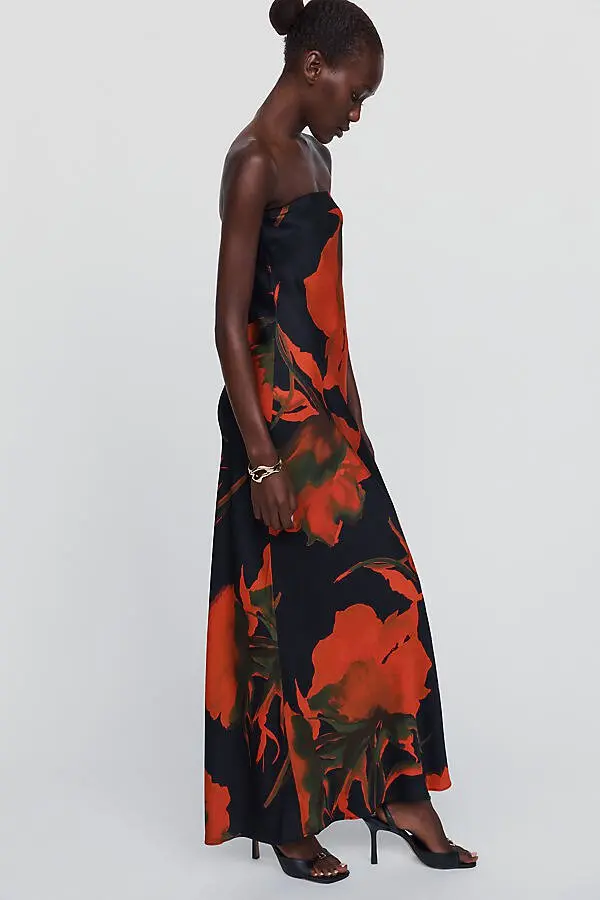 Anthropologie Strapless Satin Maxi Slip Dress - Red Pattern