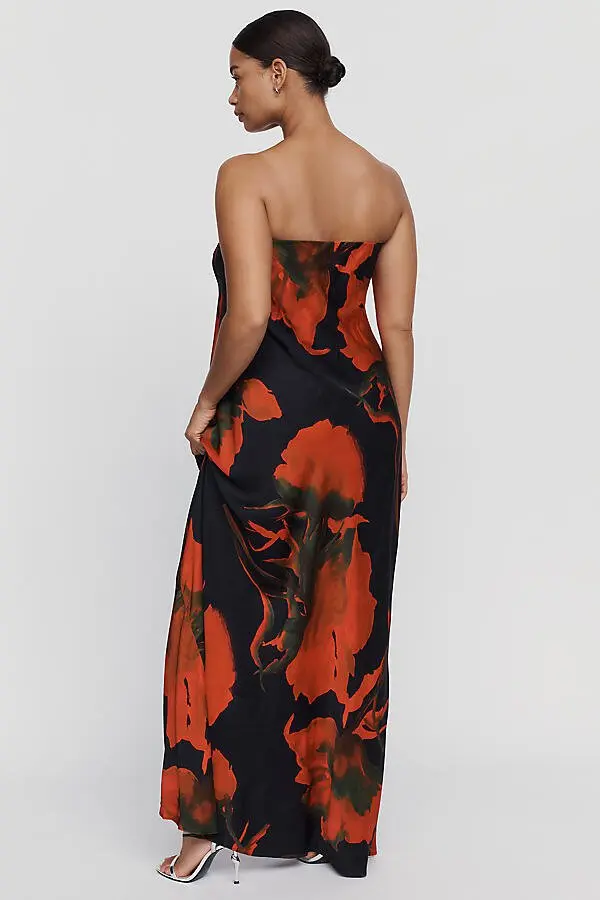 Anthropologie Strapless Satin Maxi Slip Dress - Red Pattern
