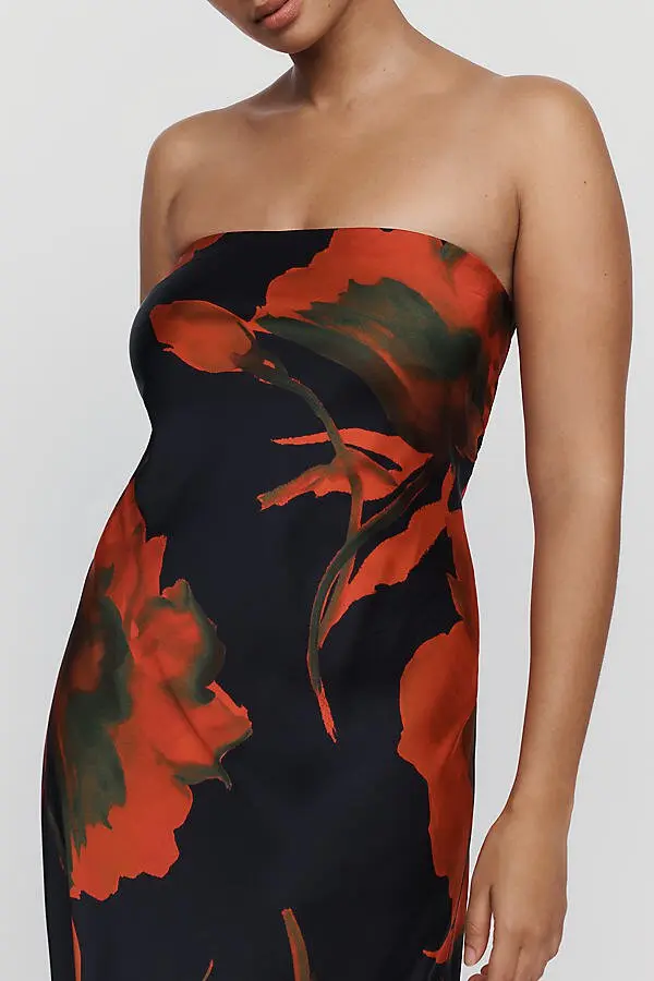 Anthropologie Strapless Satin Maxi Slip Dress - Red Pattern