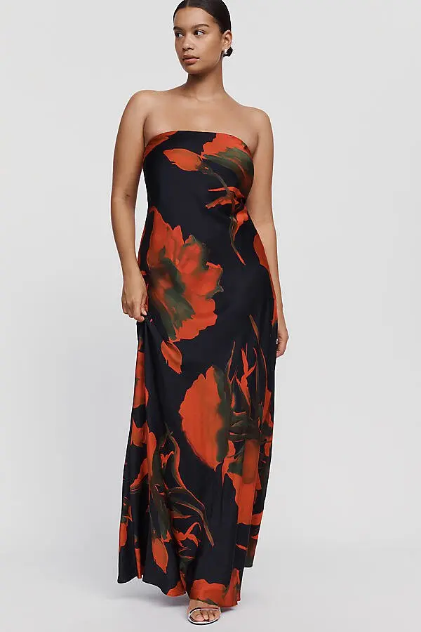 Anthropologie Strapless Satin Maxi Slip Dress - Red Pattern