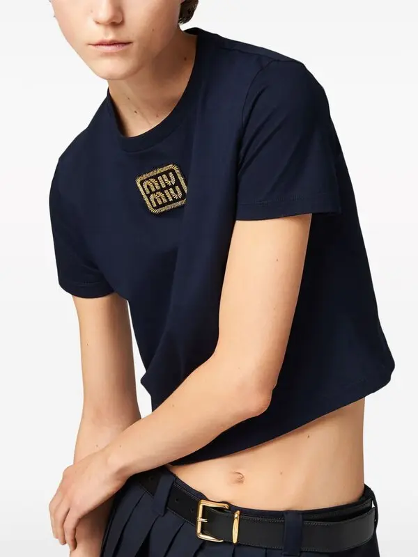 Miu Miu Logo Appliqué Cotton T-Shirt - Blue | Editorialist