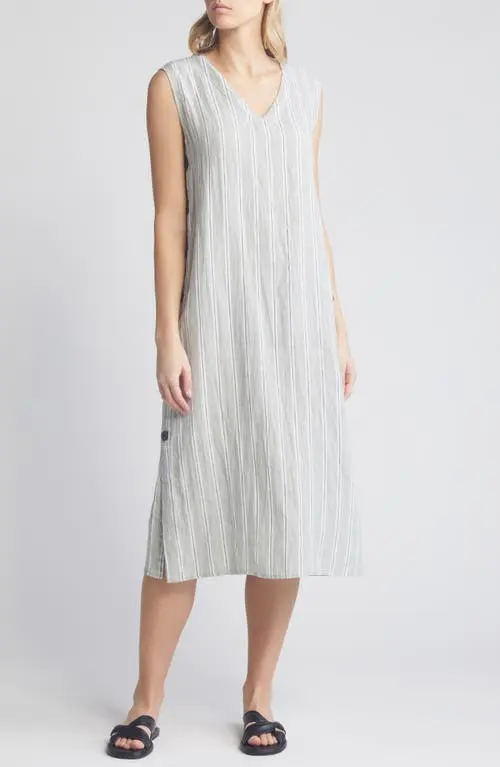 Masai Copenhagen Nukus Stripe Button Detail Linen Midi Dress - Green Stripe  | Editorialist