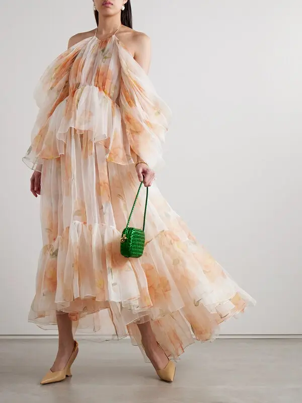 Natura Tiered Floral-print Silk-organza Halterneck Midi Dress