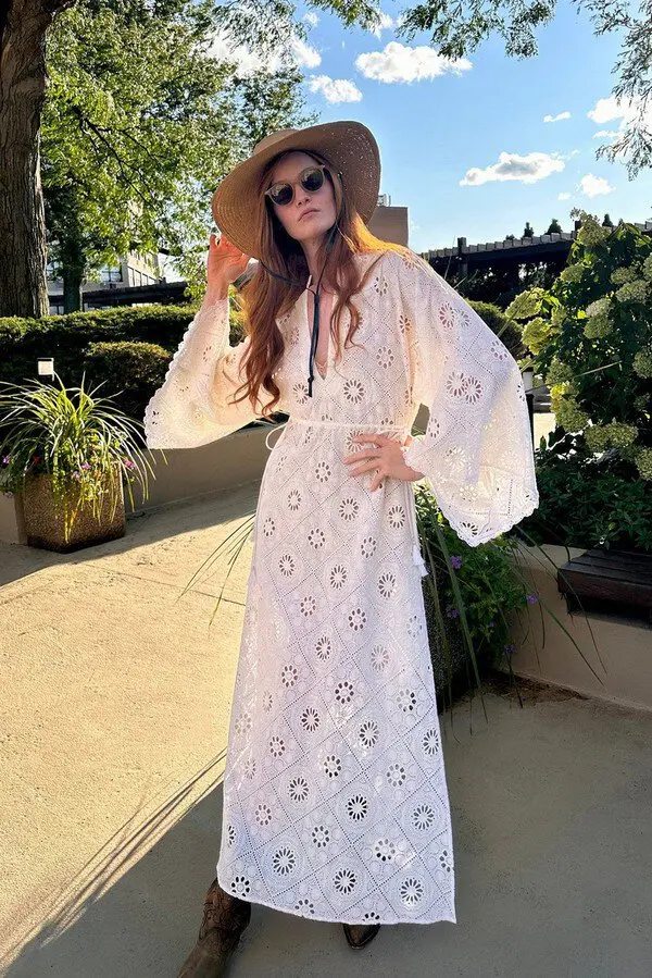 Miguelina Ieva Diamond Eyelet Embroidered Caftan - White