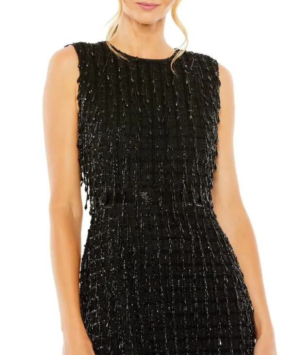 Mac Duggal Beaded Fringe Sheath Dress - Black | Editorialist