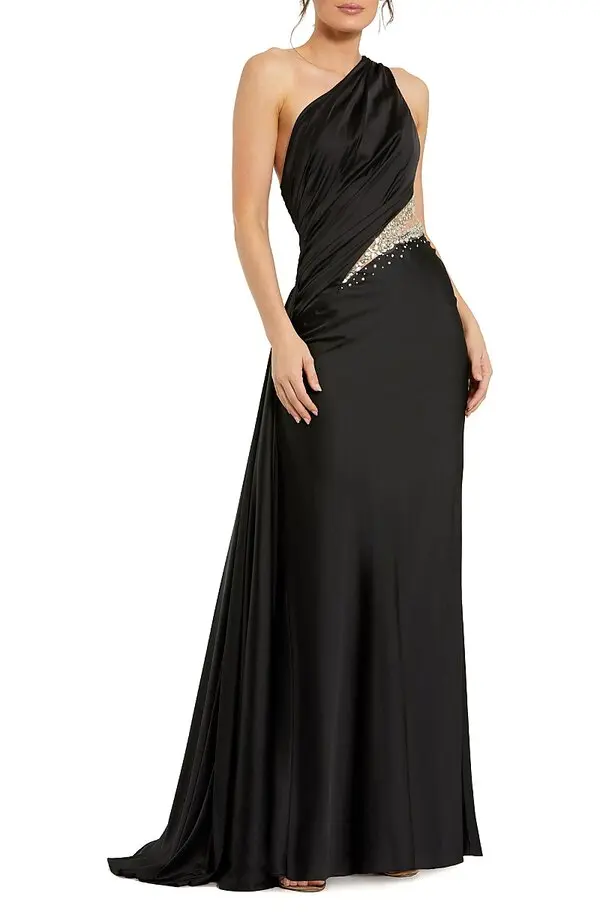 Mac Duggal One-shoulder Charmeuse Gown With Beaded Cutout - Black