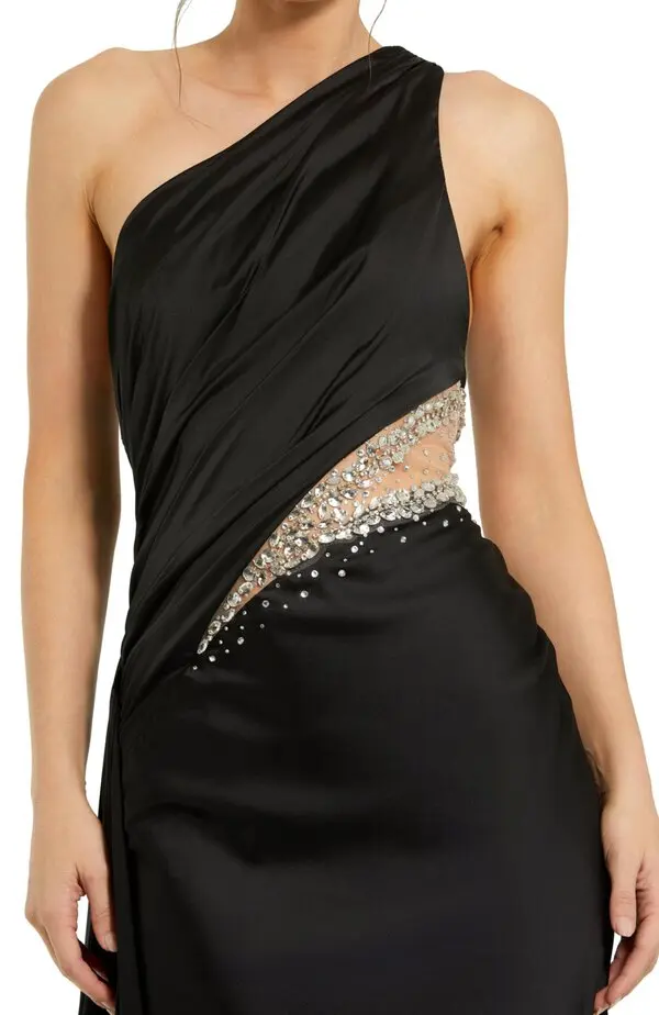 Mac Duggal One-shoulder Charmeuse Gown With Beaded Cutout - Black