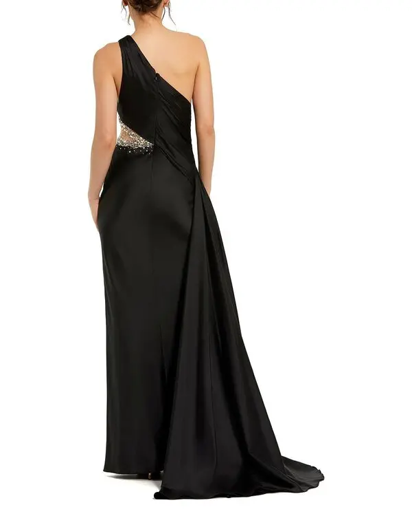 Mac Duggal One-shoulder Charmeuse Gown With Beaded Cutout - Black