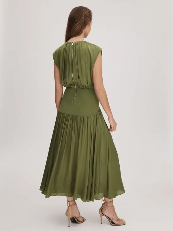 Florere Dropped Waist Pleated Midi Dress In Khaki - 72% Off | Editorialist
