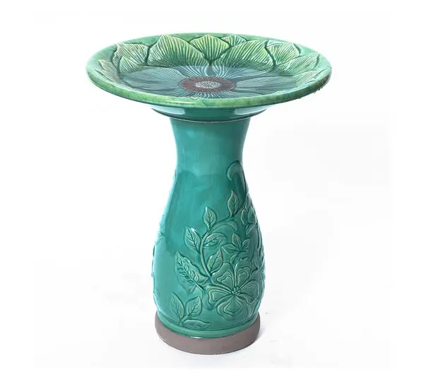 LUXEN HOME Luxenhome Aqua Glazed Flower Ceramic 22'h Birdb Ath - One-color