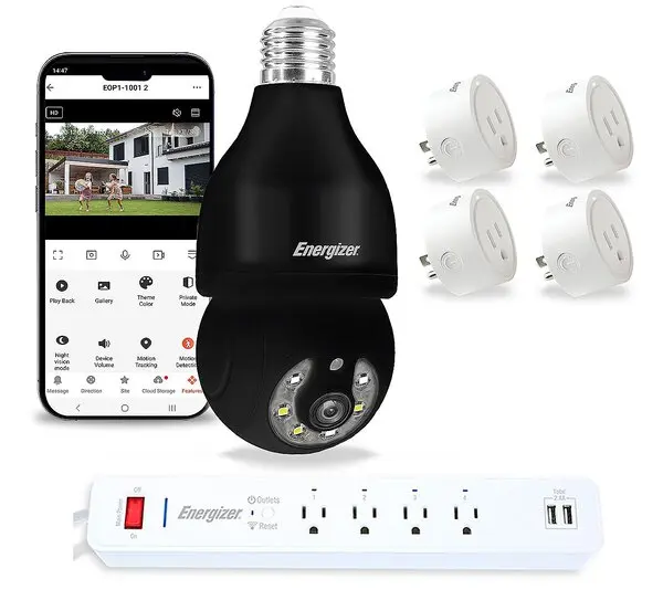 ENERGIZER Smart Light Bulb Cam, 4 Smart Plugs, Surge Protector