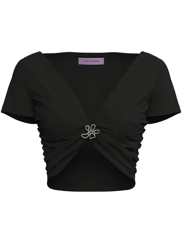 MARGHERITA MACCAPANI Gathered Cropped Top With Floral Detail - Black