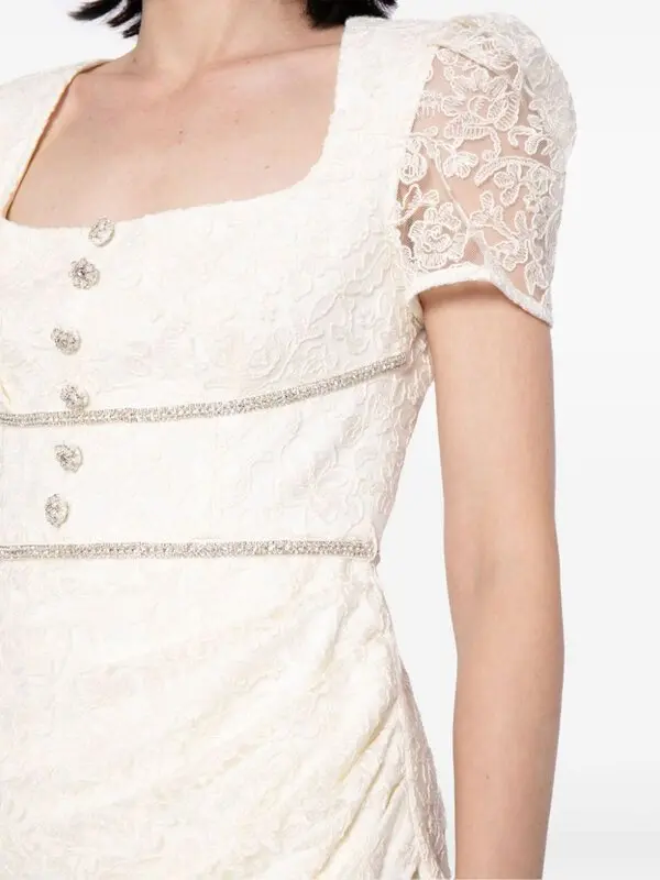 Self-Portrait Draped Detail Lace Midi Dress In Neutrals 40% Off