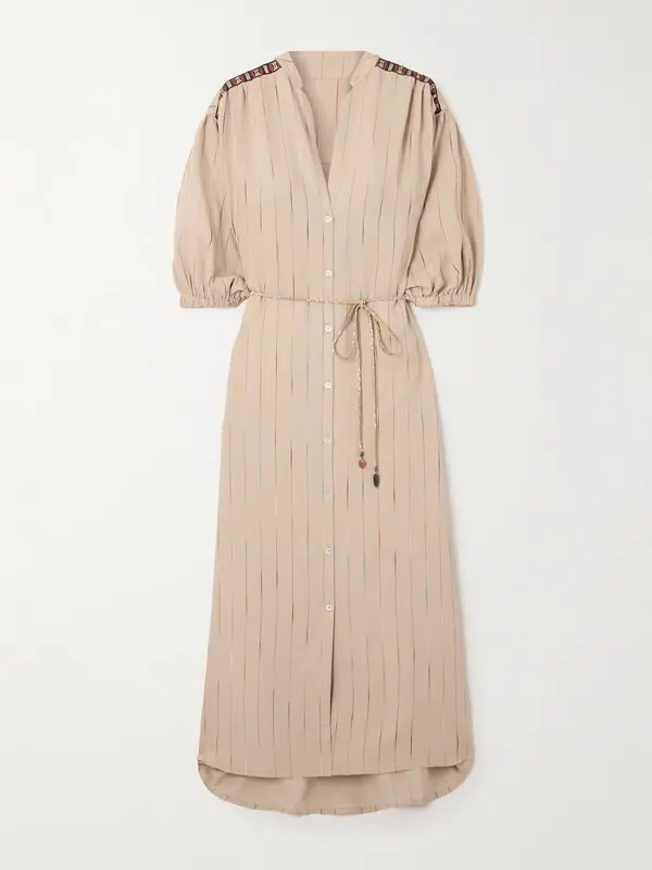 FORTELA Belted Appliquéd Embroidered Woven Midi Dress