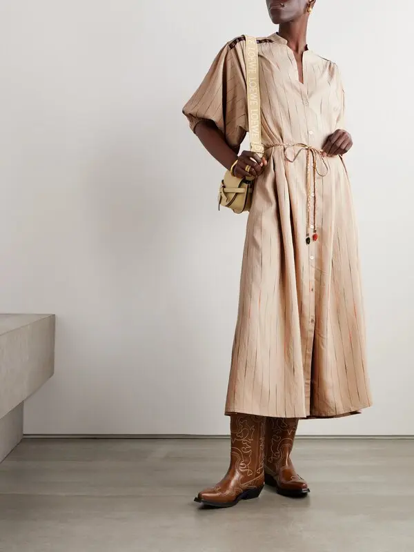 FORTELA Belted Appliquéd Embroidered Woven Midi Dress