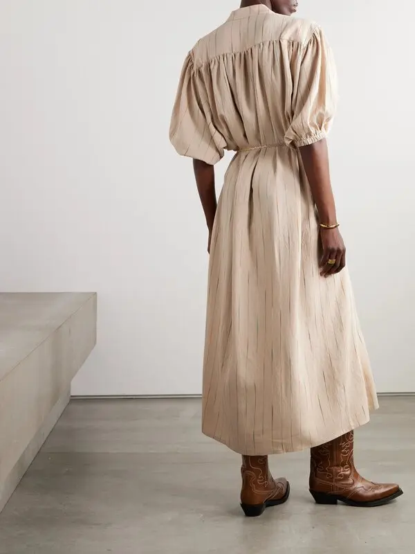 FORTELA Belted Appliquéd Embroidered Woven Midi Dress